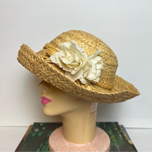 Vintage | Accessories | Vintage 9s Straw Flower Sun Hat Wide Brim ...